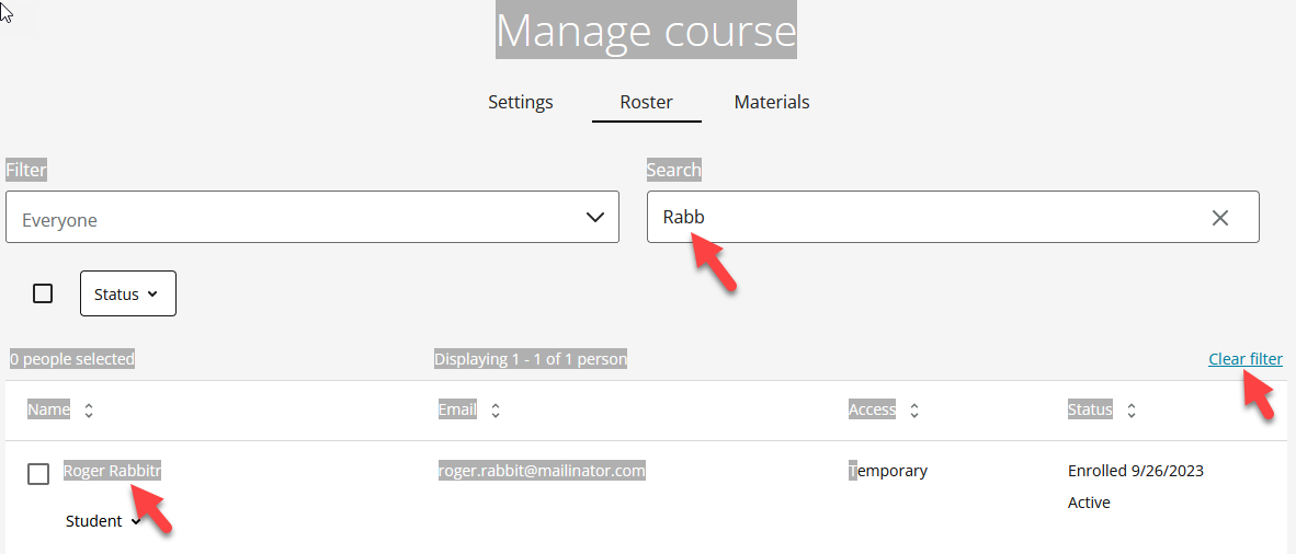 Filter or search the roster from My courses